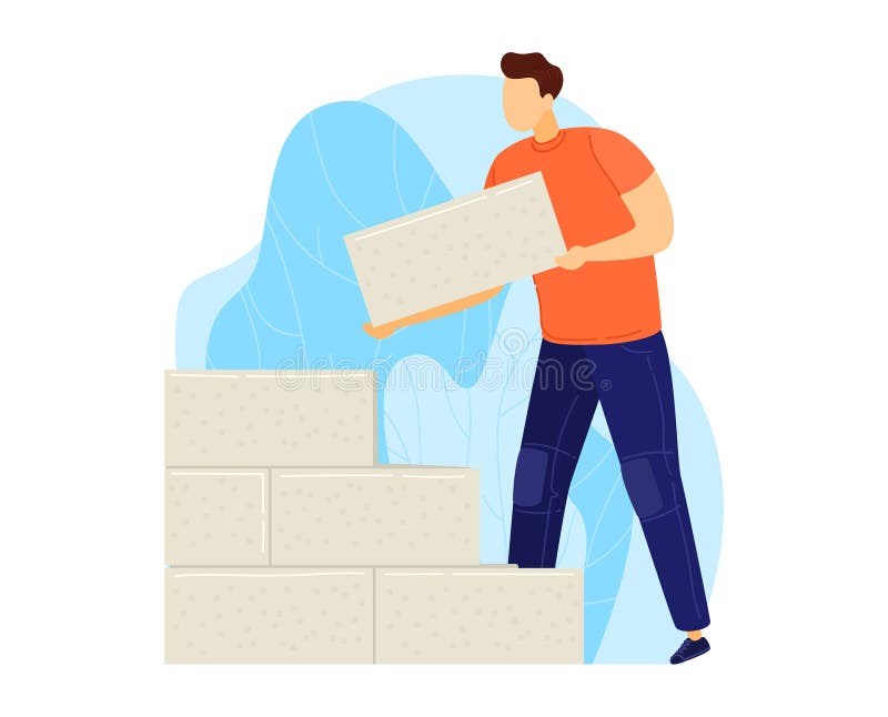 Man Building Wall with Bricks, Construction Worker Carrying Heavy Block ...