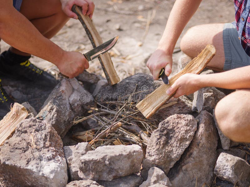 Man Builds Fire Pit Around Open Camp Fire Stock Photo - Image of ...