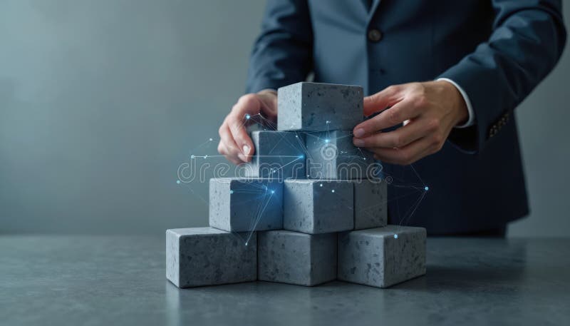 Man Builds Stack Blocks Business Success. Abstract Concept Represents ...