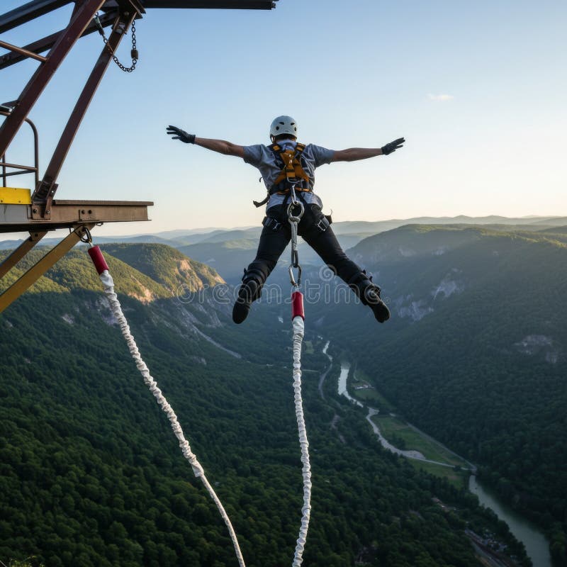 Man Bungee Jumping Over a Scenic Valley at Sunrise Stock Illustration ...