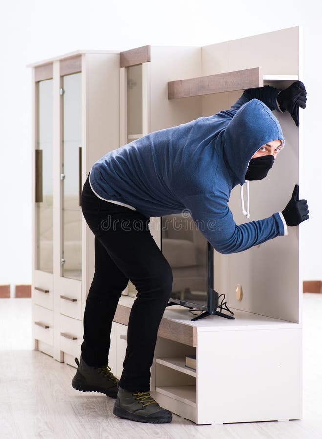 Man Burglar Stealing Tv Set from House Stock Photo - Image of gloves ...