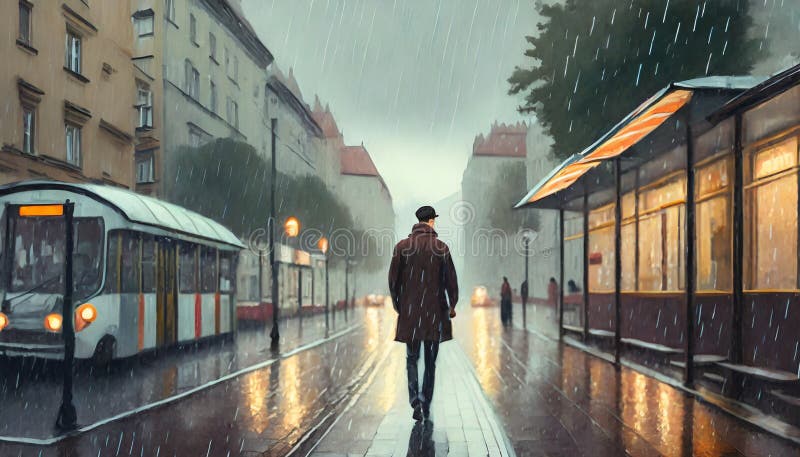 Man at the Bus Station on a Rainy Day Stock Illustration - Illustration ...
