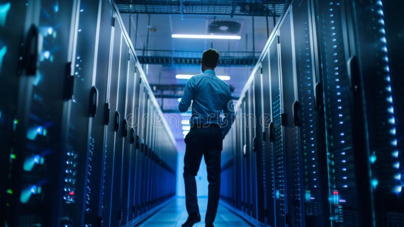 It Professional Inspecting Servers in Data Center at Night Stock Image ...