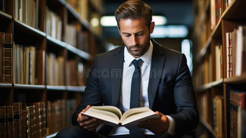 Man in Business Attire Reading Book in Library Stock Illustration ...