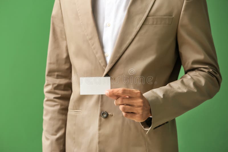 Man with Business Card on Color Background, Closeup Stock Image - Image ...