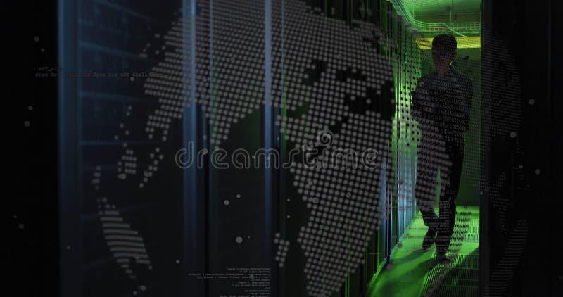 People in Server Room with World Map Overlay Discussing Data and ...