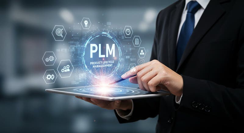 A Man in a Business Suit Interacts with a Digital Interface Labeled ...