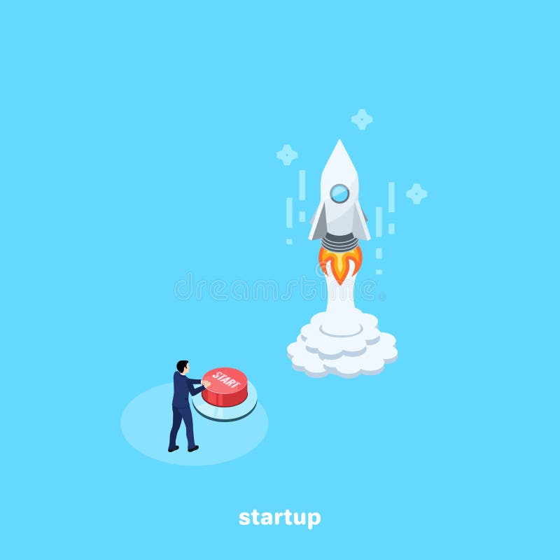 A Man in a Business Suit Presses the Start Button Launching a Rocket ...
