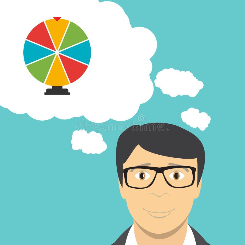 Man Businessman Thinks about Wheel of Fortune, Lucky Icon. Vector ...