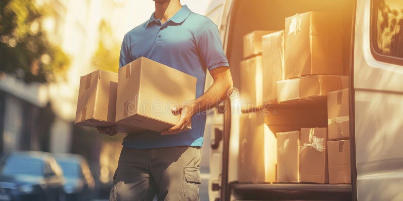 A Man is Busy Loading Several Boxes into the Back of a Large Van Stock ...