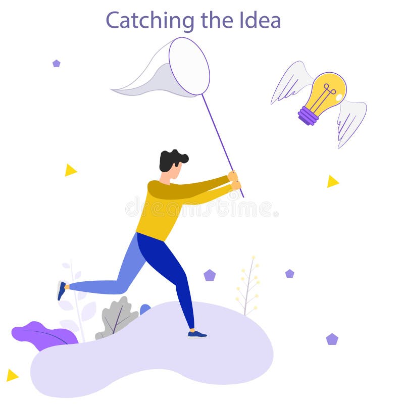 Man with Butterfly Net Catching Flying Winged Lightbulb. Concept of ...