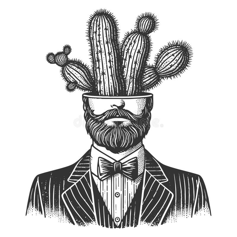 Man with Cactus Head Engraving Vector Illustration Stock Illustration ...