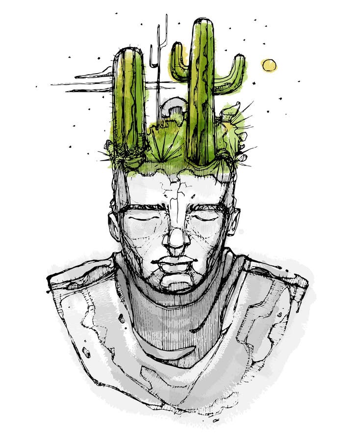 Man with Cactus Plants on His Head Stock Illustration - Illustration of ...
