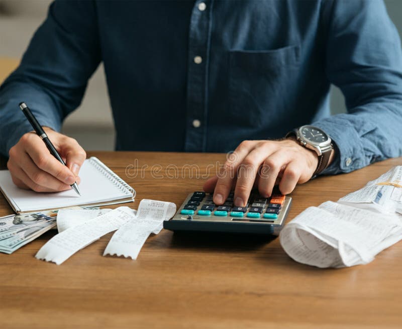 Man Calculating with Shopping Receipt, Banknotes and Calculator on a ...