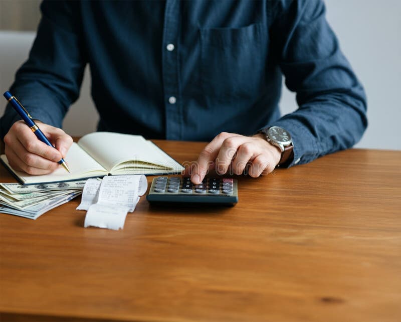 Man Calculating with Shopping Receipt, Banknotes and Calculator on a ...