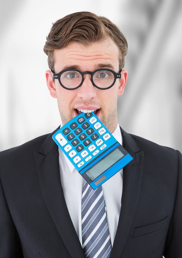 Man with Calculator in Mouth Against Blurry Grey Background Stock Image ...