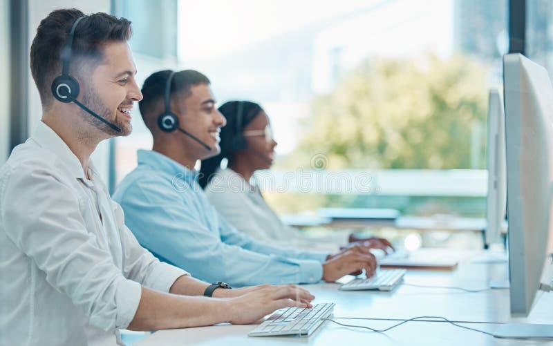 Man, Call Center and Customer Service Team on Computer, Online Support ...