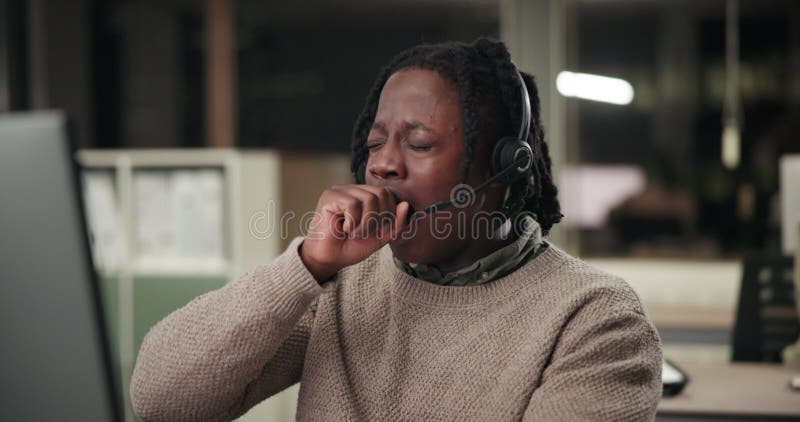 Man, Call Center and Fatigue Yawn at Night, Computer and Technical ...