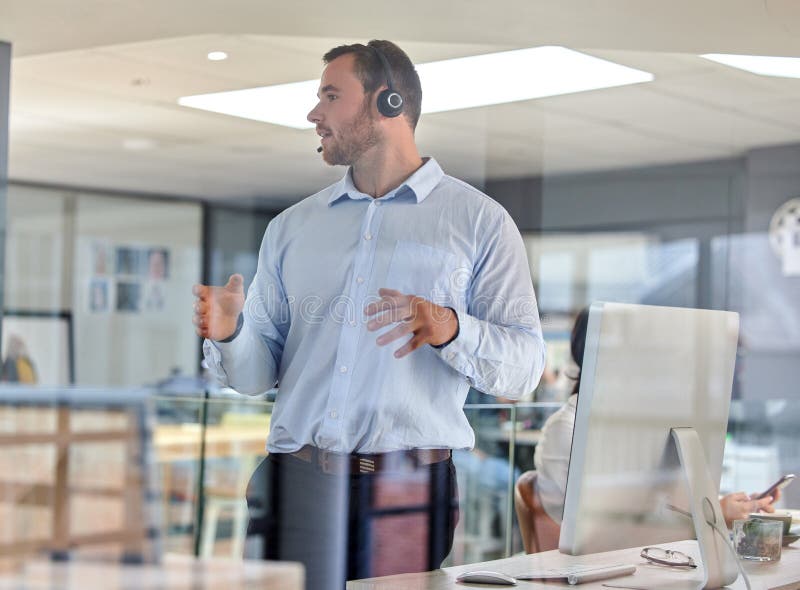 Man, Call Center and Microphone on Computer for Technical Support in ...