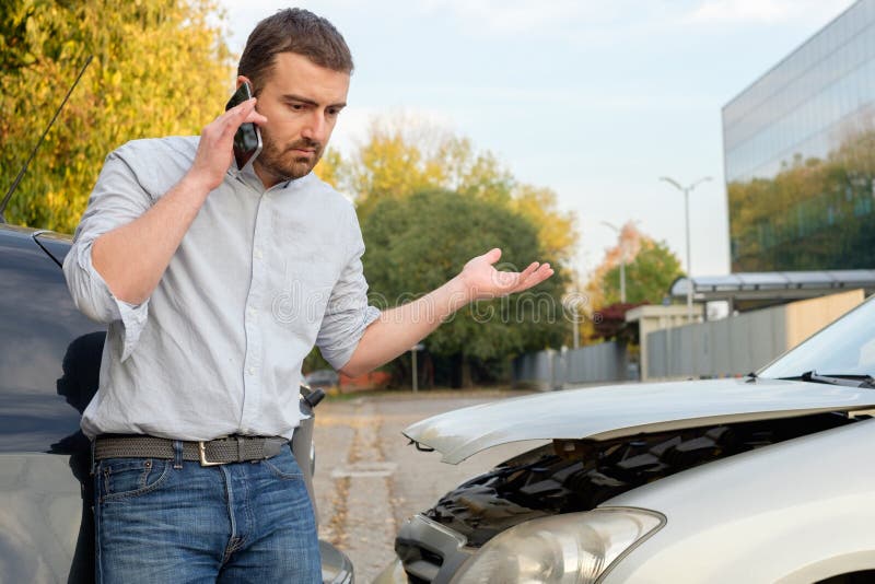 Man Calling First Aid after Car Crash Stock Photo - Image of accidents ...