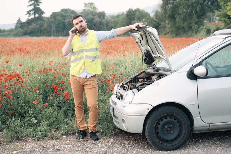 Man Calling for Help after Car Breakdown. Car Service. Tow Service ...