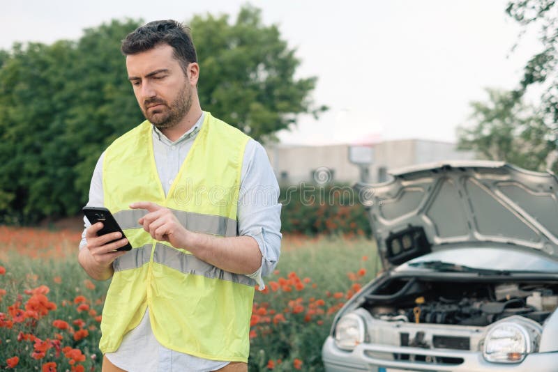 Man Calling Help after Car Crash Accident on the Road Stock Photo ...