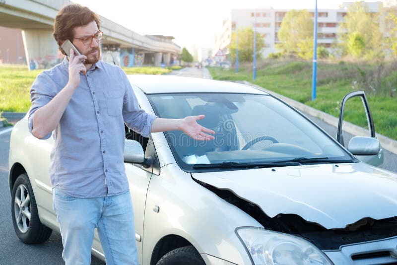 Man Calling First Aid after Car Crash Stock Photo - Image of accidents ...