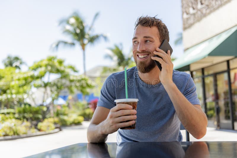 Man Calling Using Phone Making a Call Drinking Cold Coffee Drink ...