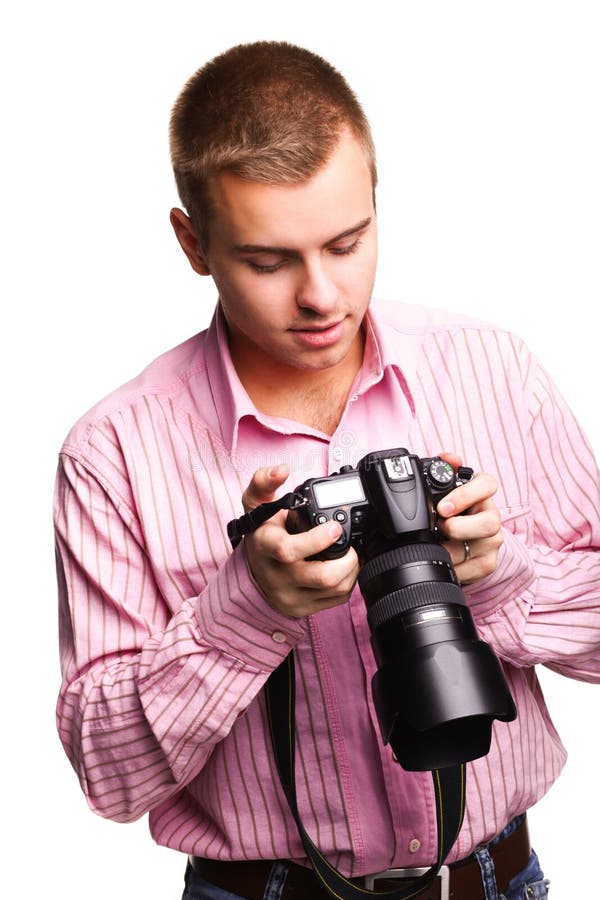 Man with camera stock image. Image of objective, white - 25363425