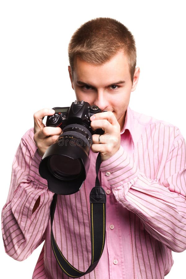 Man with camera stock photo. Image of pink, male, attractive - 25792552