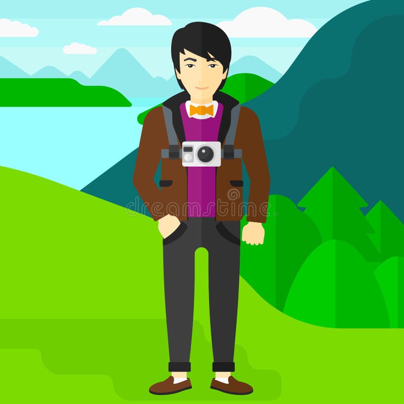 Man with camera on chest. stock vector. Illustration of hanging - 69680693