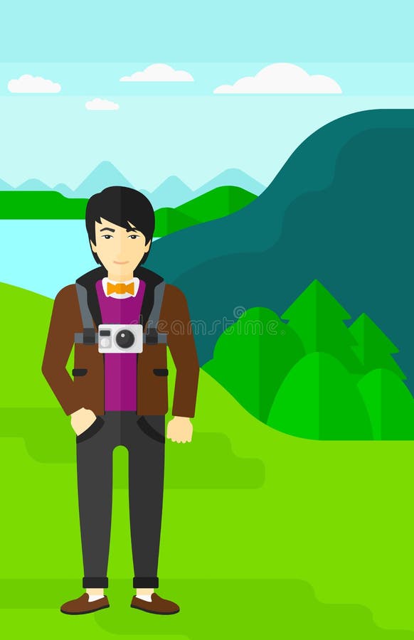 Man with camera on chest. stock vector. Illustration of outside - 69680028