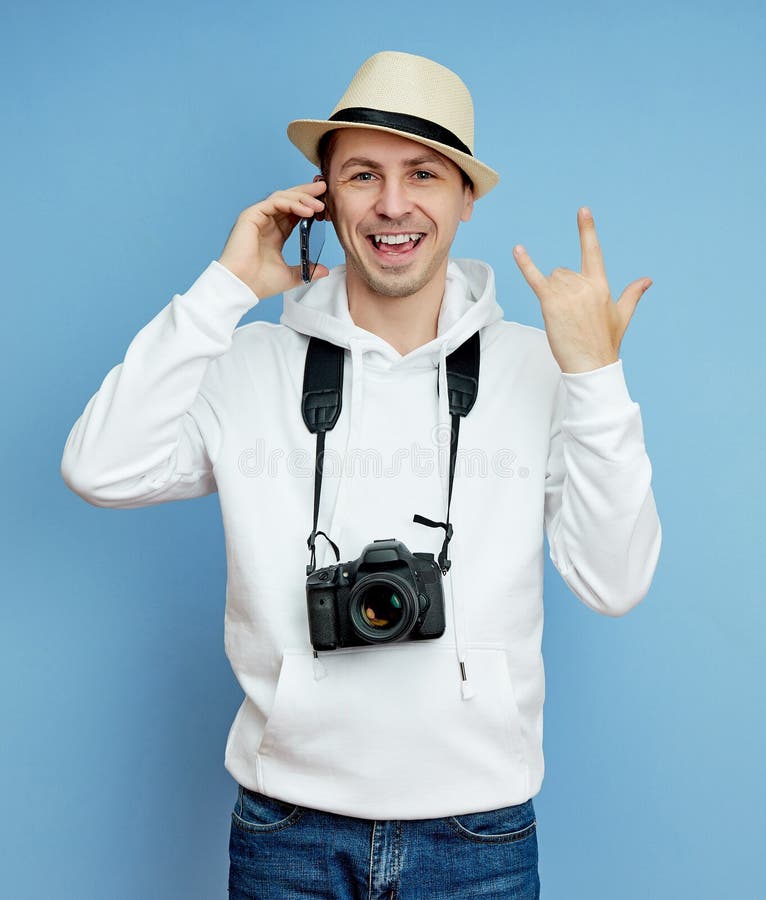 Man with a Camera is Happy, Good Luck and Victory, Euphoria Stock Photo ...