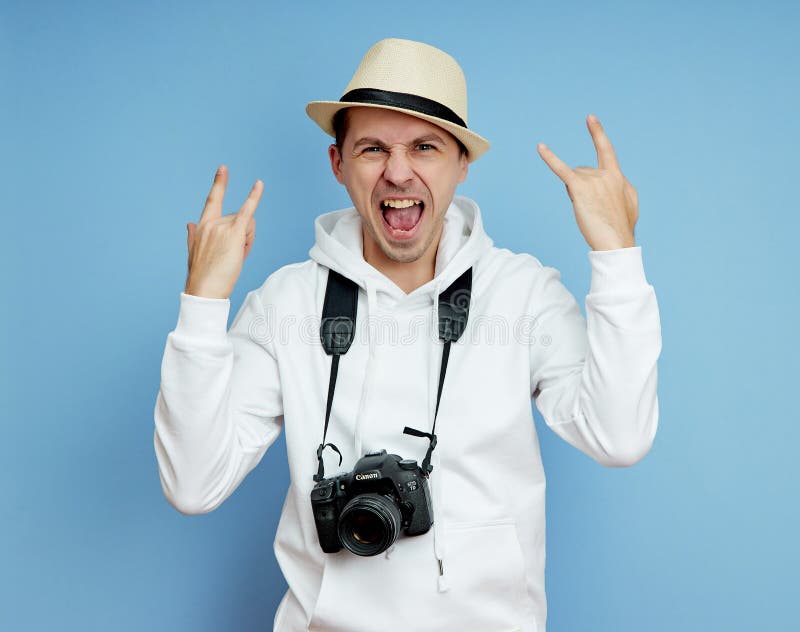 Man with a Camera is Happy, Good Luck and Victory, Euphoria Stock Image ...