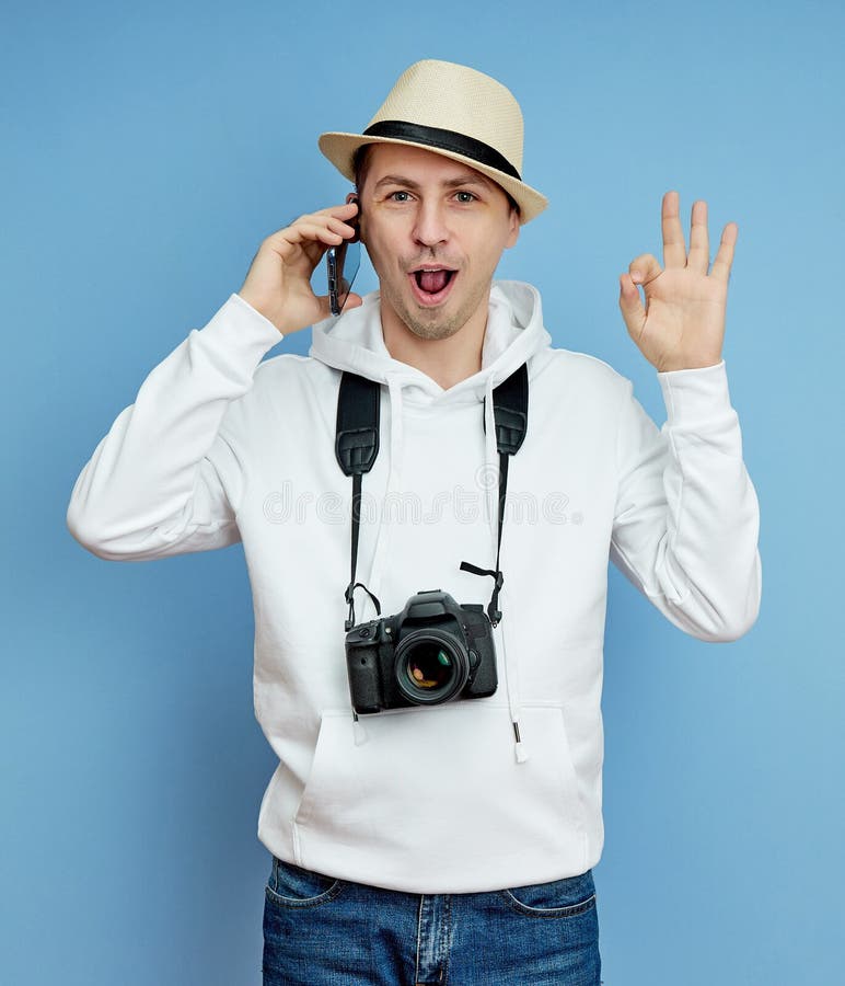 Man with a Camera is Happy, Good Luck and Victory, Euphoria Stock Photo ...