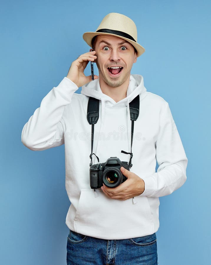 Man with a Camera is Happy, Good Luck and Victory, Euphoria Stock Image ...