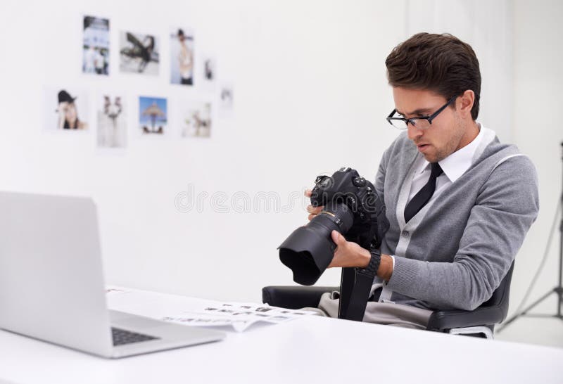 Man, Camera and Photography in Office with Laptop, Checking Image Batch ...