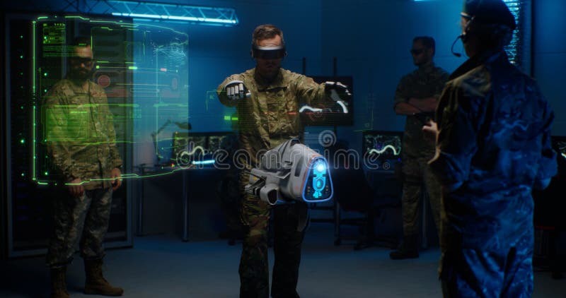 Commander Controlling Futuristic Drone in Service Room Stock Photo ...