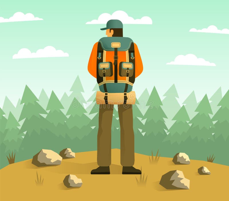 Man with Camping Backpack Back View Stock Vector - Illustration of ...