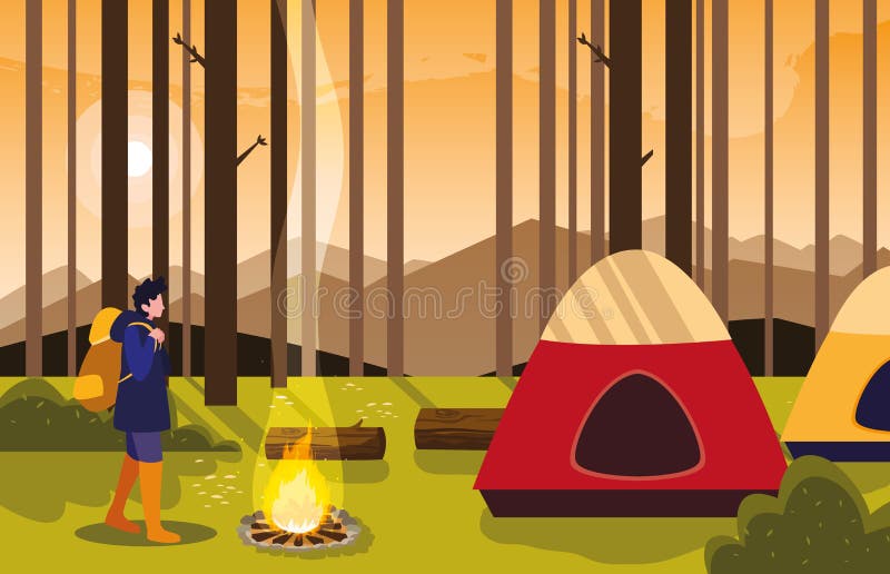 Man Camping Campfire Forest Tent Stock Illustration - Illustration of ...