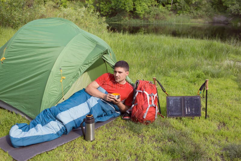 The Man at the Campsite in the Woods . Stock Photo - Image of adult ...