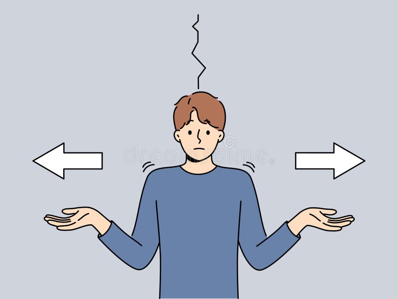 Man Cannot Make Decision and Spreads Hands Standing Next To Arrows ...