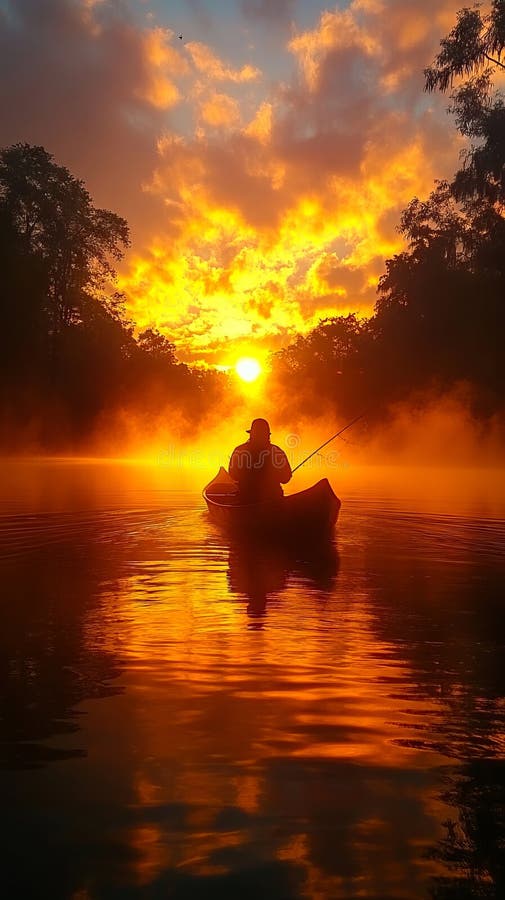 A Man in a Canoe Fishing on a Lake at Sunset Stock Image - Image of ...