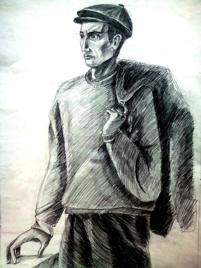 Pencil Drawing - Man in a Cap Holds a Jacket Over His Shoulder Stock ...