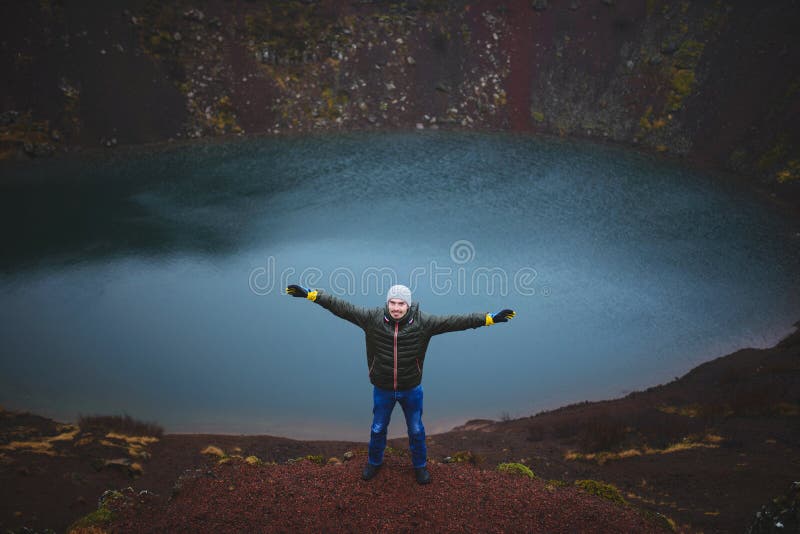 Man in Cap on Red Volcano Ground Stock Image - Image of ethnicity ...