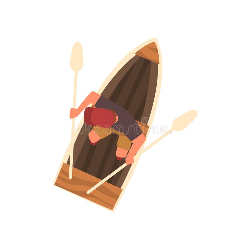 Man in Cap Rowing Wooden Boat, Top View Vector Illustration Stock ...