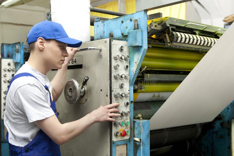 Man in Cap Working in Newspaper Factory Stock Image - Image of blue ...