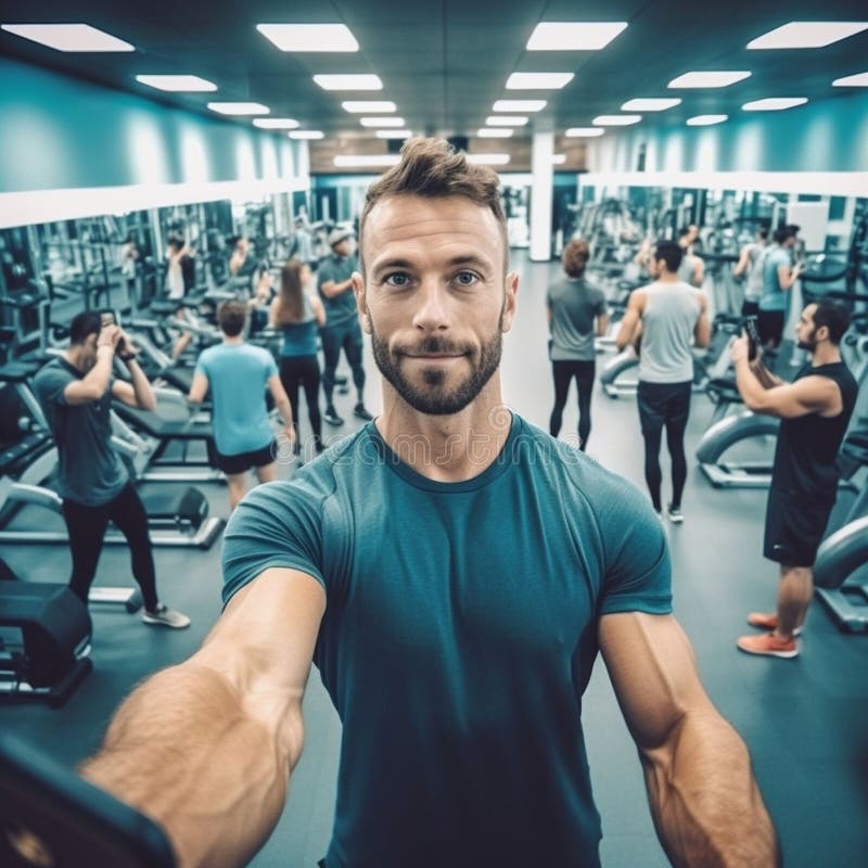 Man Taking a Selfie in a Busy Gym with Multiple People Exercising in ...