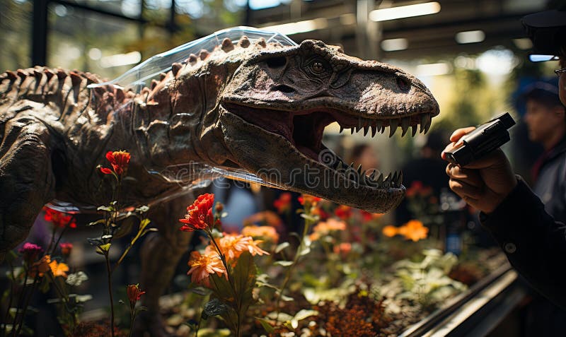 Man Capturing Fake Dinosaur with Camera Stock Photo - Image of ...