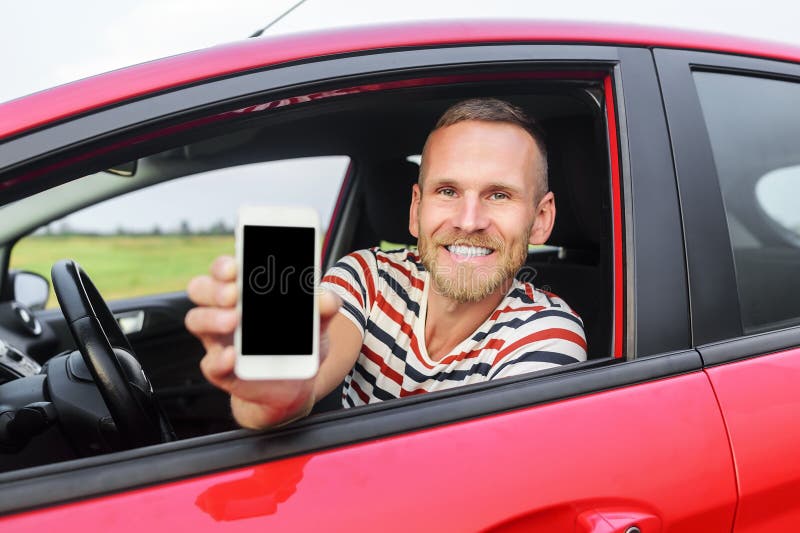 Smartphone Man Driving Car Showing App on Screen Stock Photo - Image of ...